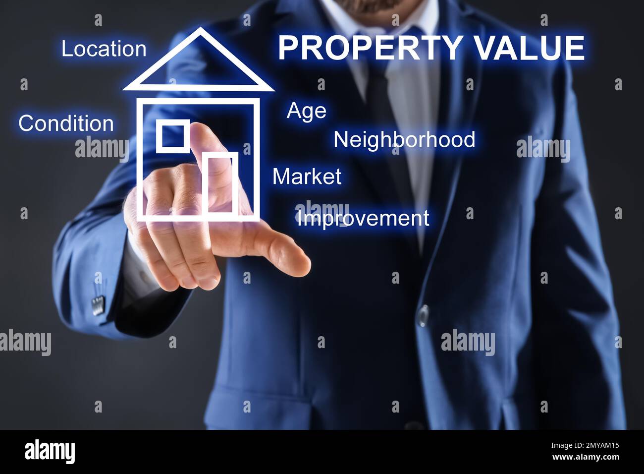 Real estate agent using virtual screen with house illustration, closeup ...