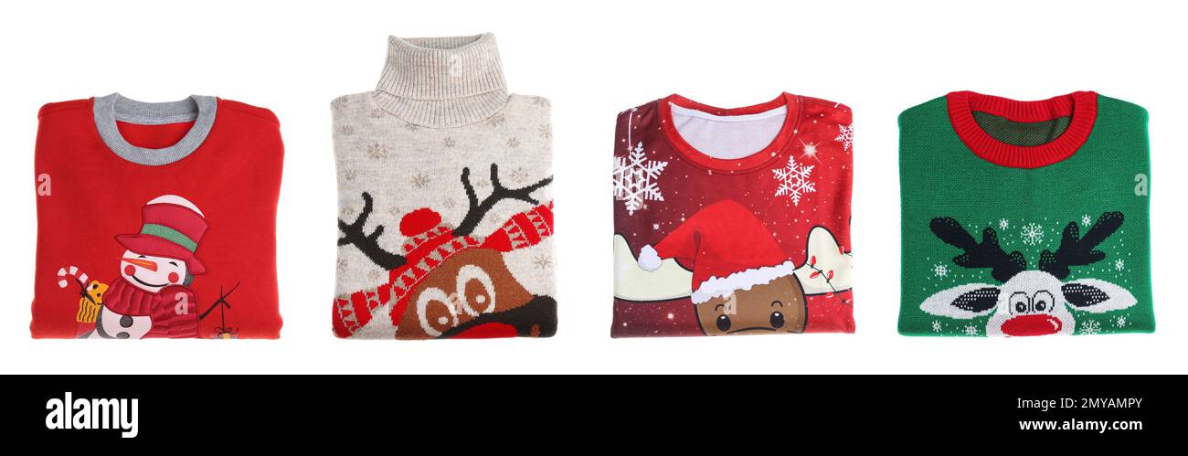 Set of folded Christmas sweaters on white background. Banner design ...