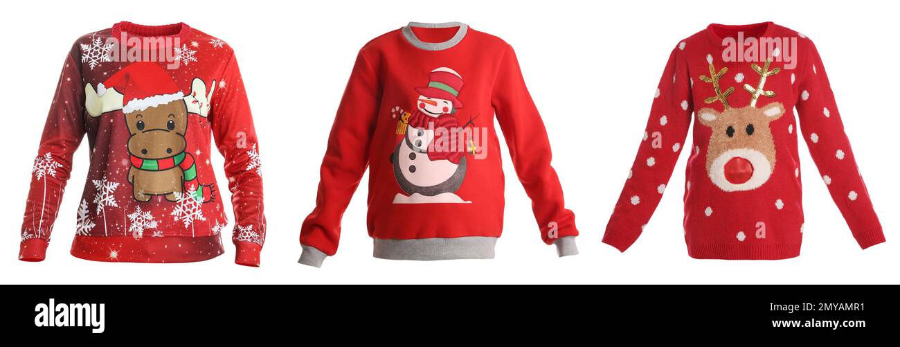 Warm red Christmas sweaters on white background. Banner design Stock ...