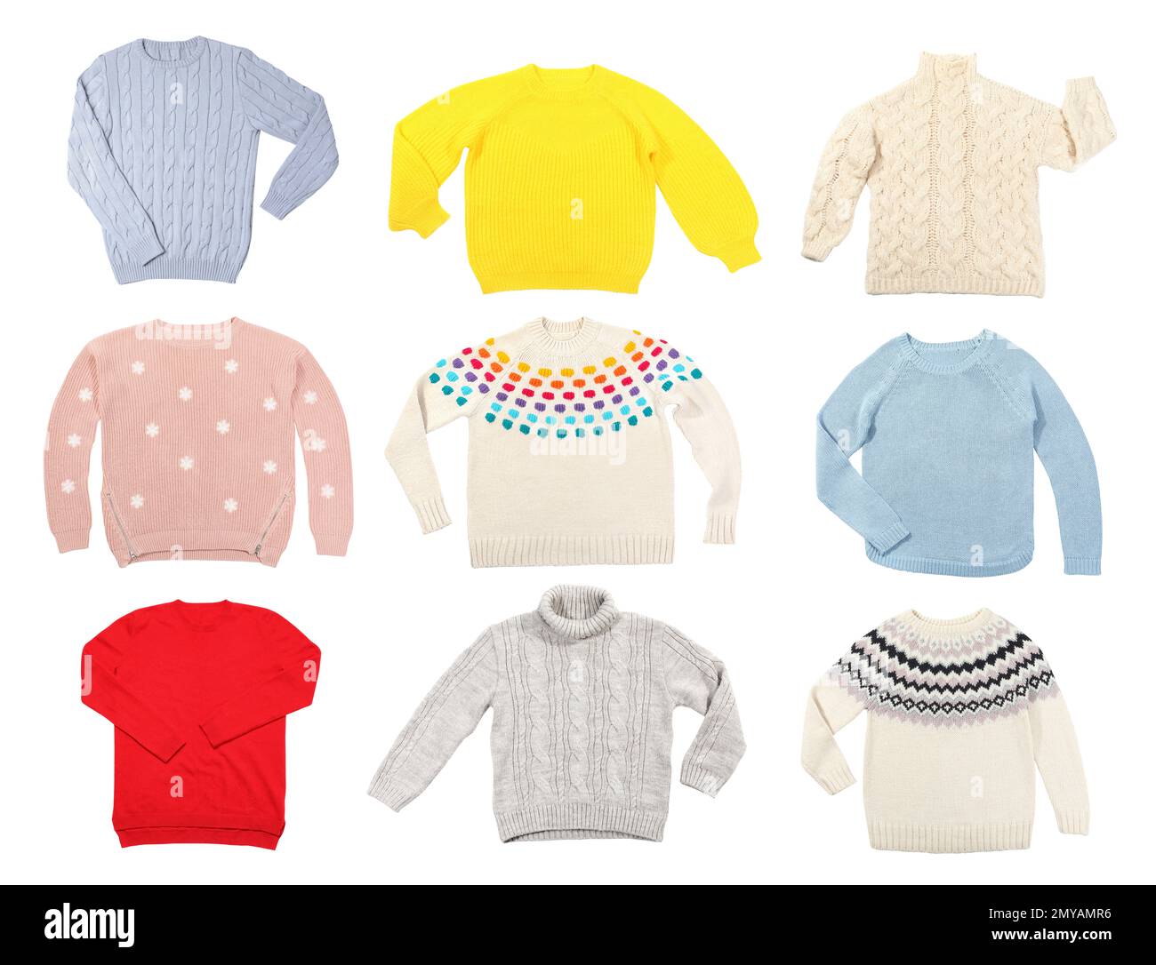 Set of stylish sweaters on white background Stock Photo - Alamy