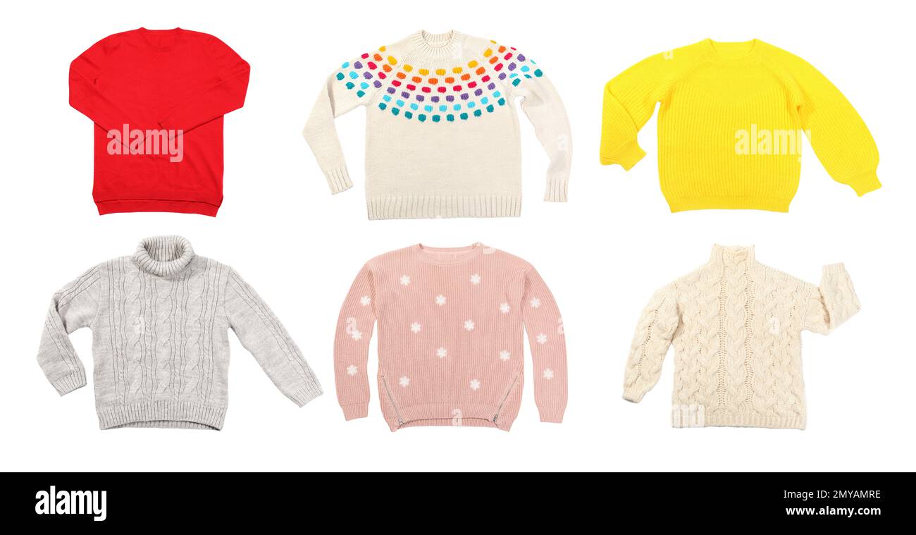 Set of stylish sweaters on white background Stock Photo - Alamy