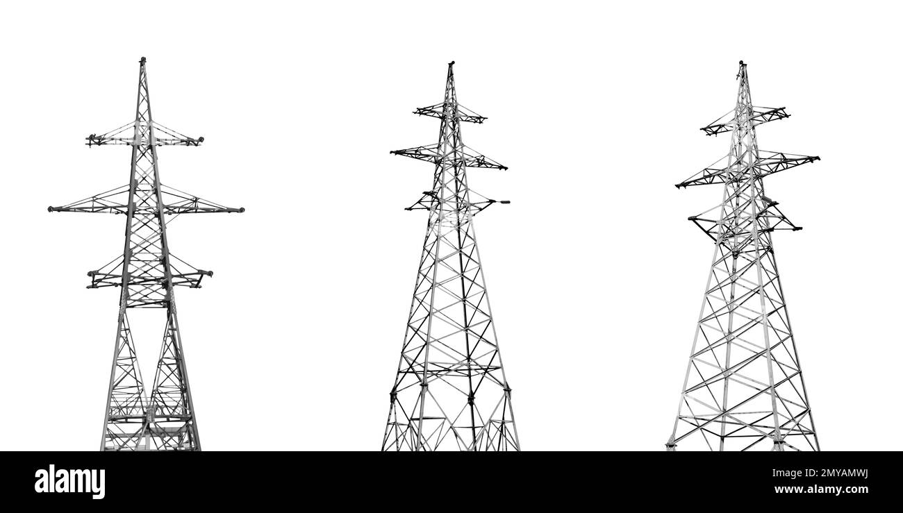 Collage with high voltage towers isolated on white. Electric power ...