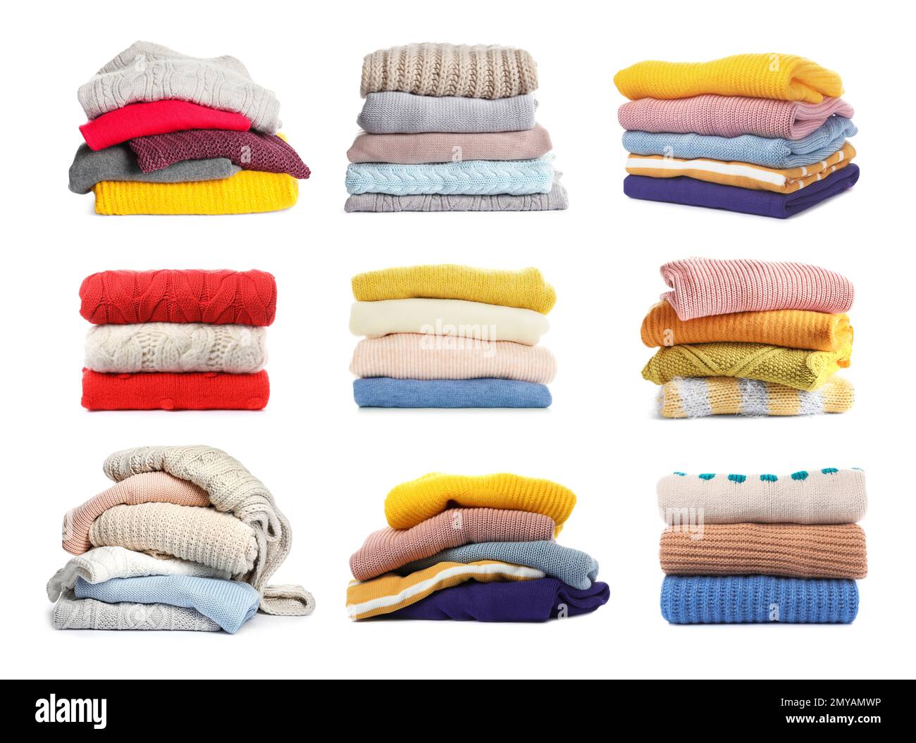 Set of folded and stacked sweaters on white background Stock Photo - Alamy