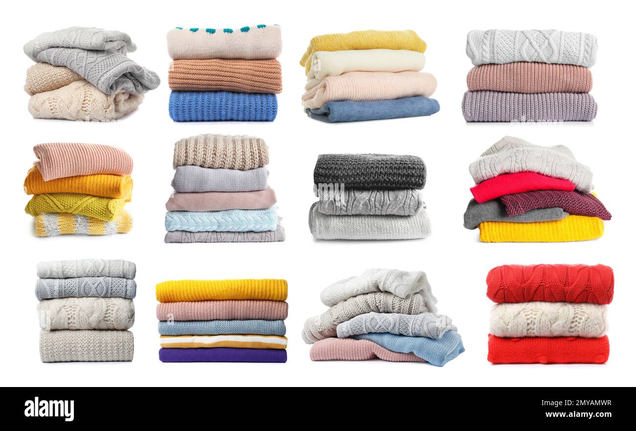 Set of folded and stacked sweaters on white background Stock Photo - Alamy