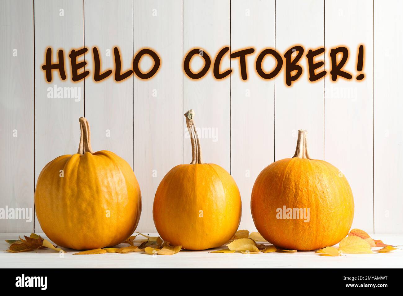 Hello October card. Pumpkins and autumn leaves on white table Stock ...