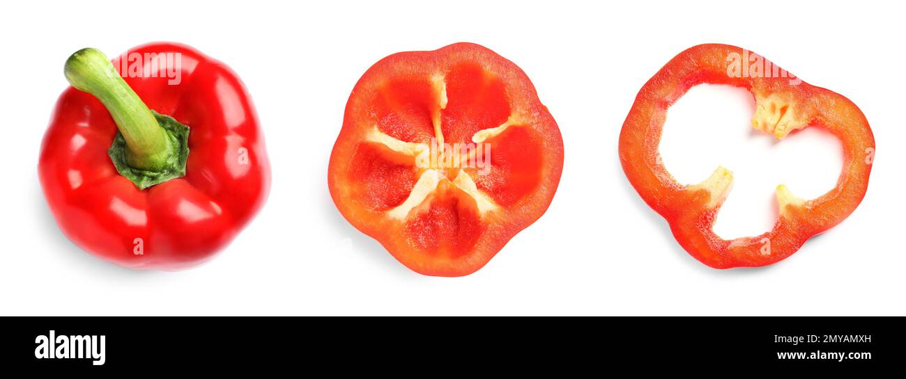 Collage with red bell peppers on white background, top view. Banner ...