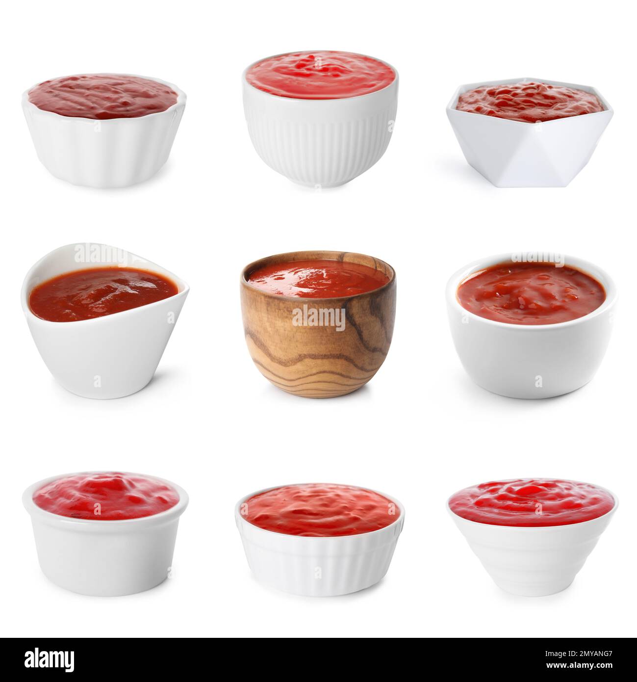 Set of tomato sauces in bowls on white background Stock Photo - Alamy