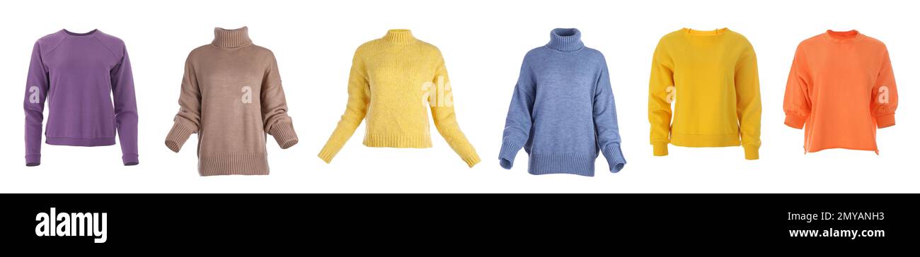Set of stylish warm sweaters on white background, banner design Stock ...