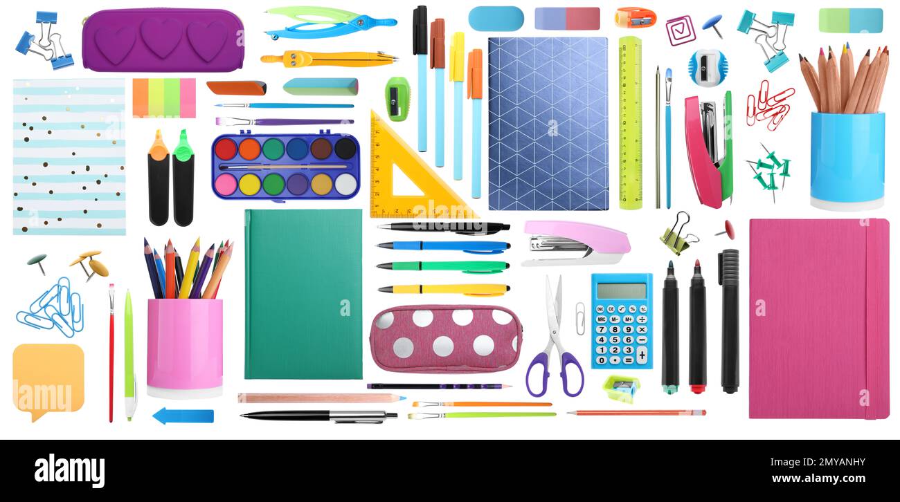 Set of bright school stationery on white background. Banner design ...