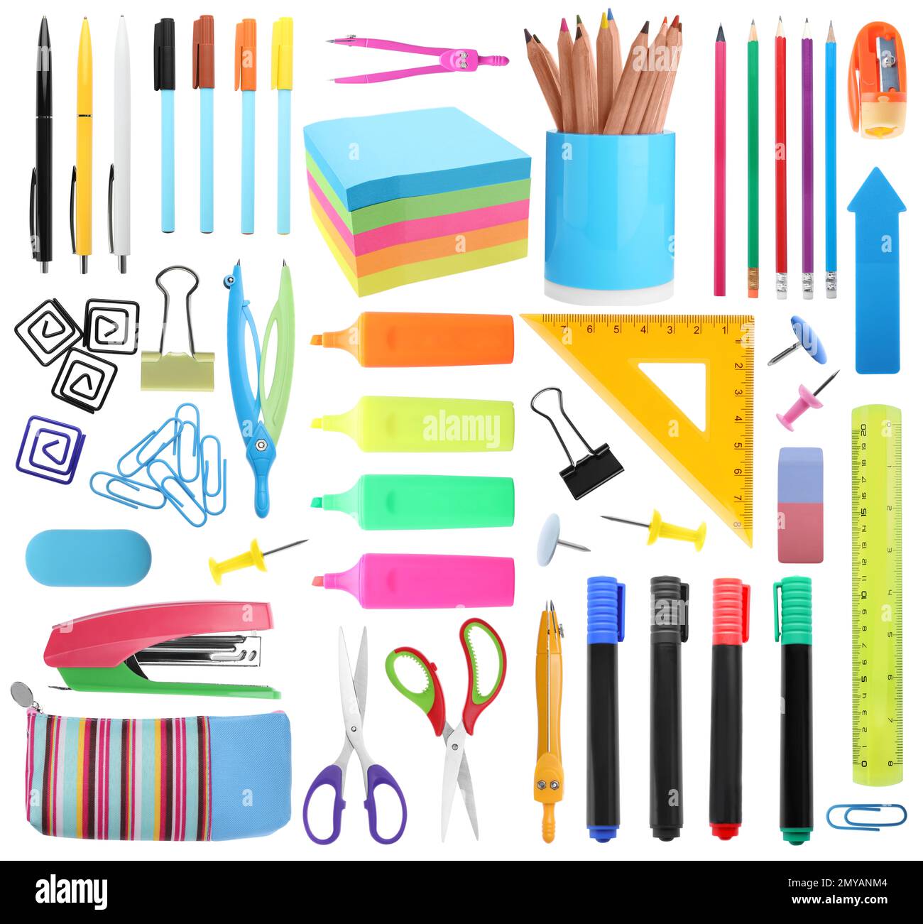 Set of bright school stationery on white background Stock Photo - Alamy