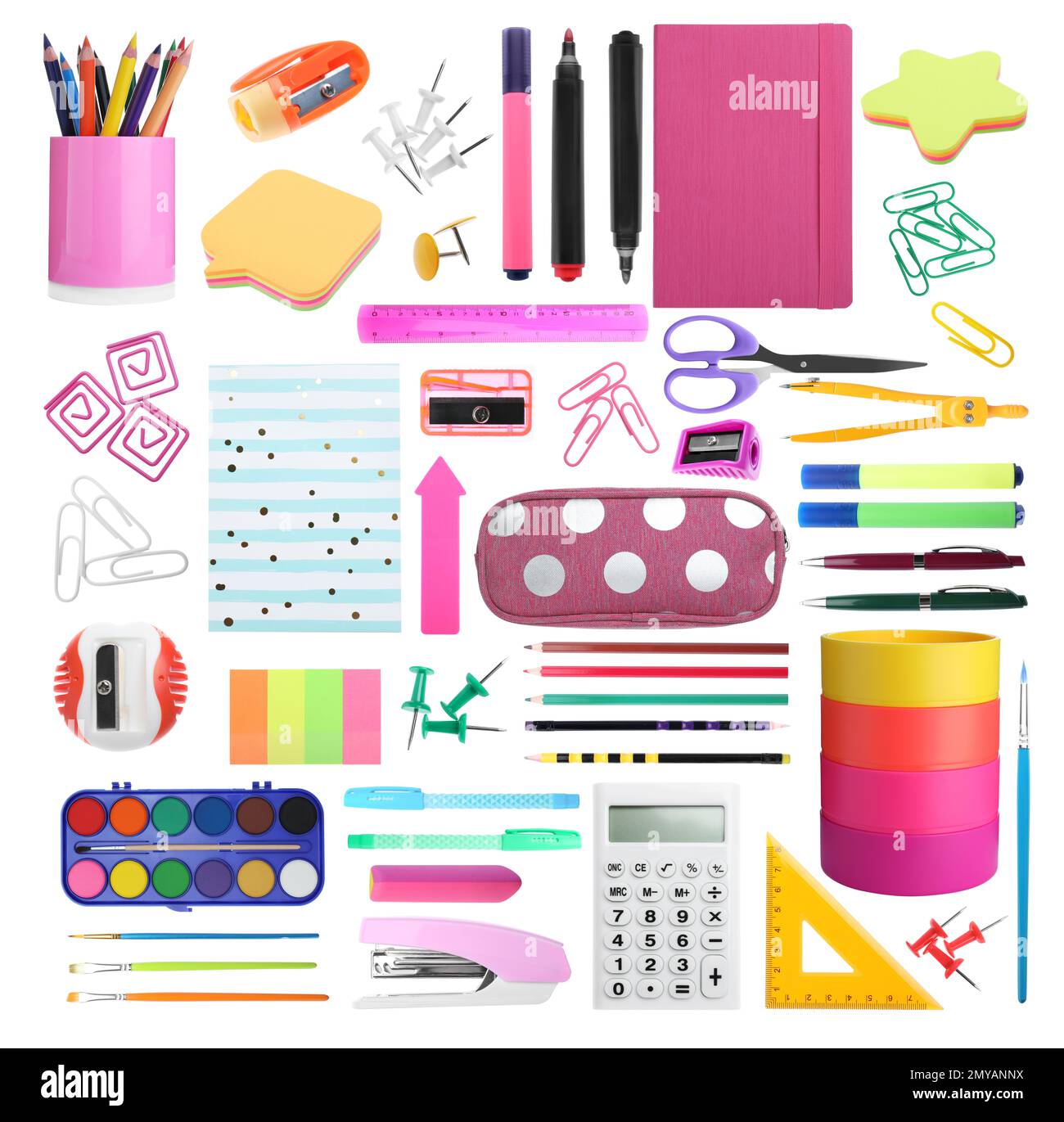 Set of bright school stationery on white background Stock Photo - Alamy
