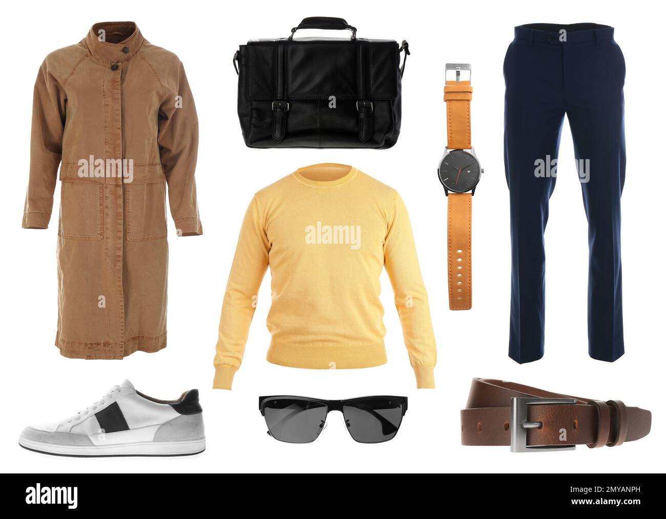 Set of stylish clothes on white background. Autumn look Stock Photo - Alamy