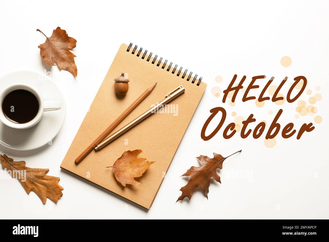Hello October card. Flat lay composition with notebook, cup of coffee ...