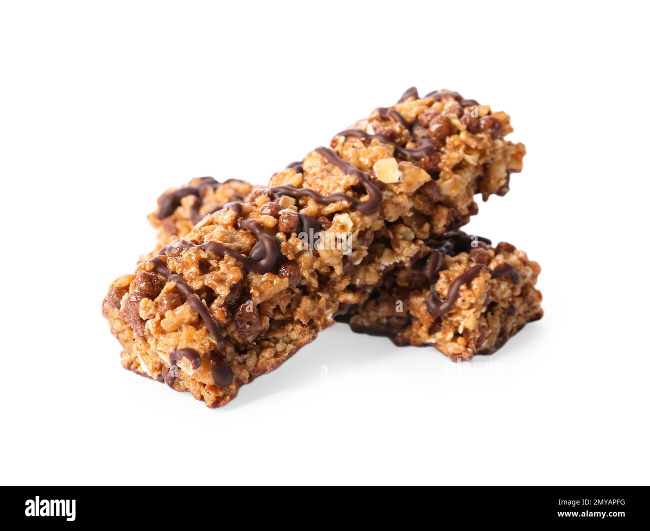 Crunchy granola bars with chocolate on white background Stock Photo - Alamy