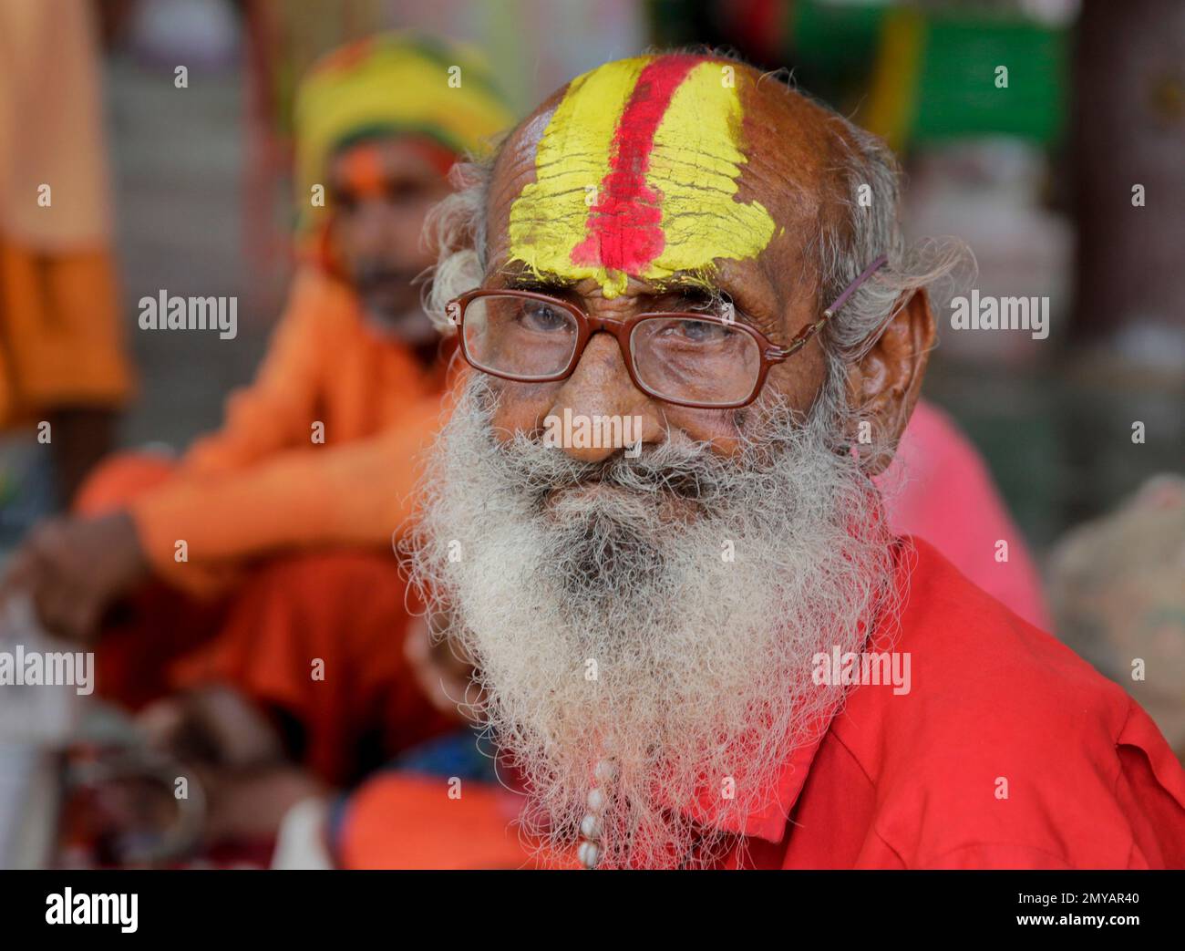 A Hindu holy man sits at Sangam, the confluence of the Rivers Ganges ...