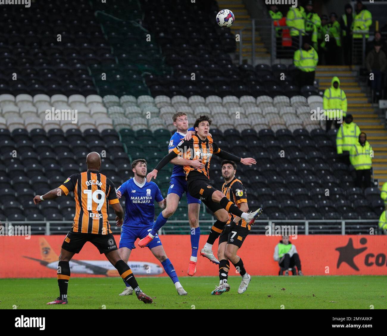 Alfie Jones #5 of Hull City heads the ball during the Sky Bet ...