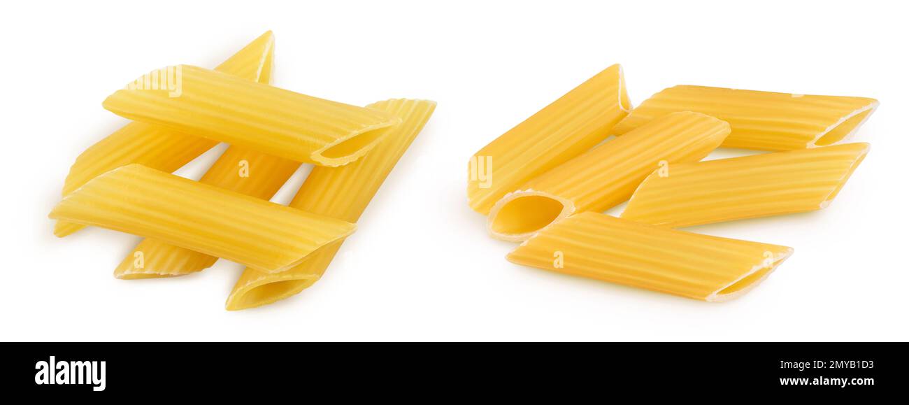 Raw italian penne rigate pasta isolated on white background with full ...