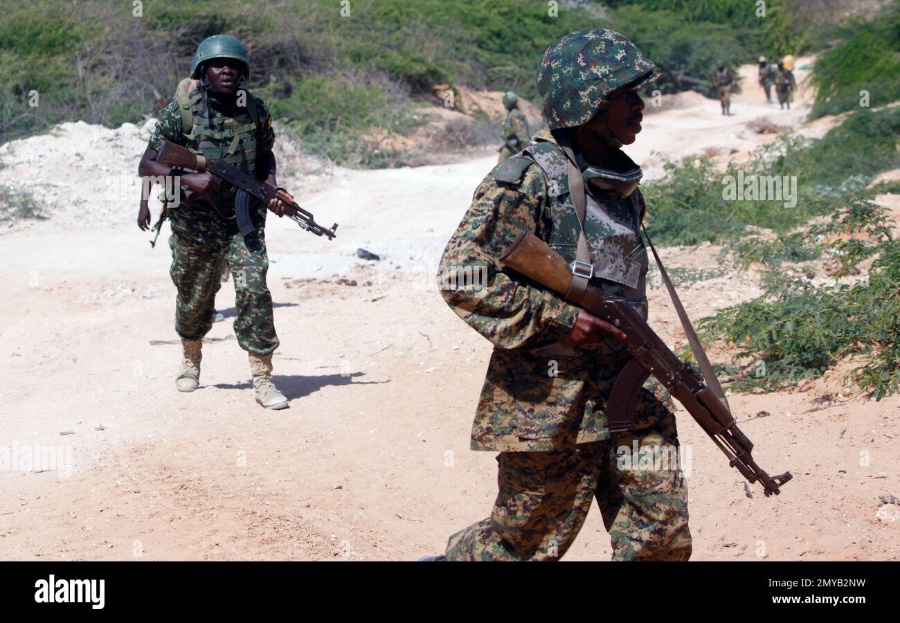 African Union soldiers, (AU) patrol in the Marka district 90k (56 miles ...
