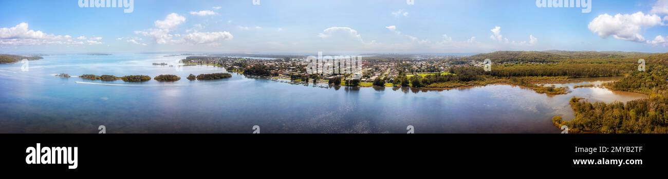 Ultra wide aerial panorama of Lake Macquarie waterfront to Swansea and ...