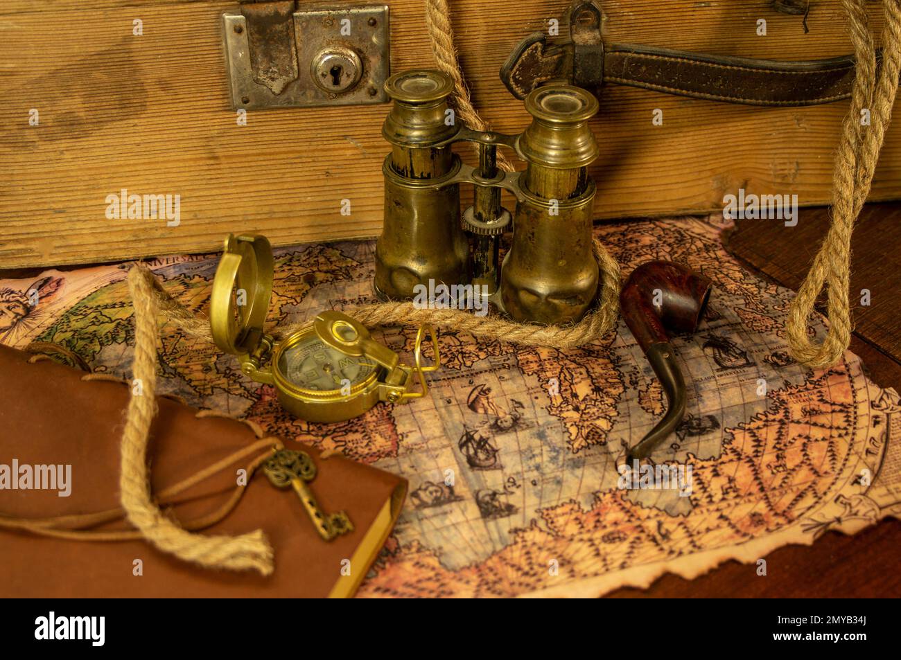 Antique adventure scroll background on adventurer table. Binoculars ...