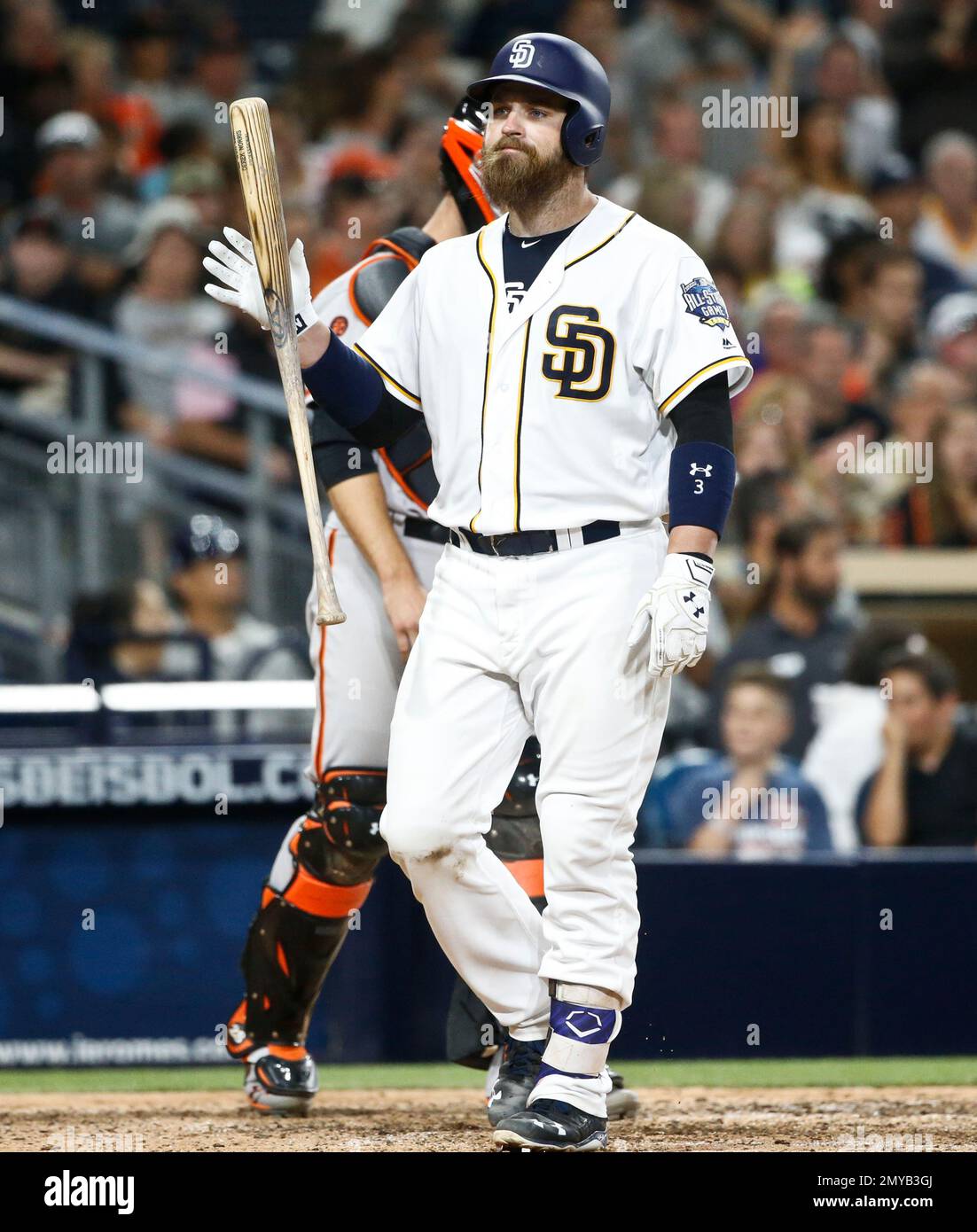 San Diego Padres' Derek Norris reacts after taking a third strike with ...
