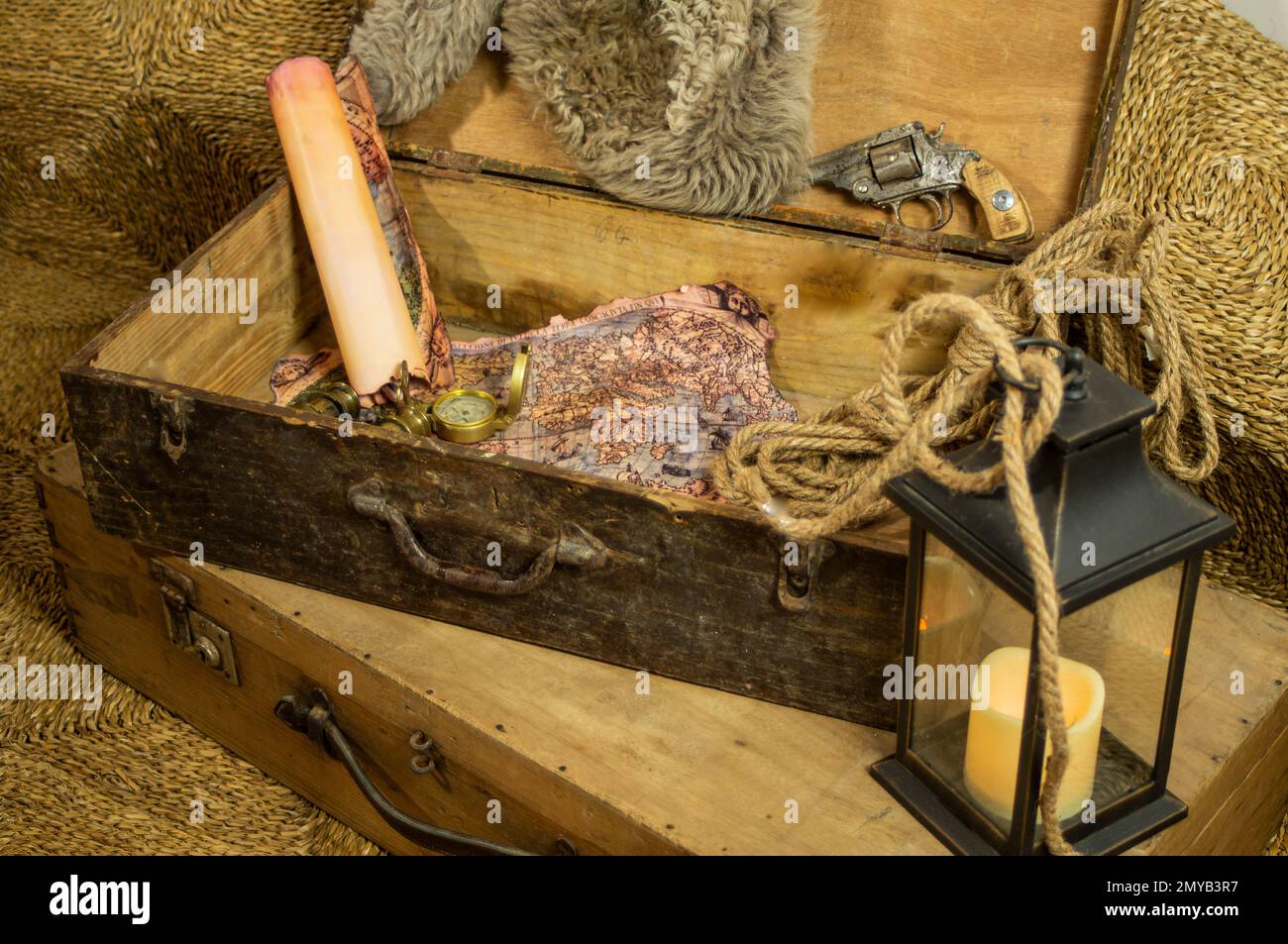 Adventure items for exploration binoculars, compass, rope and scrolls ...