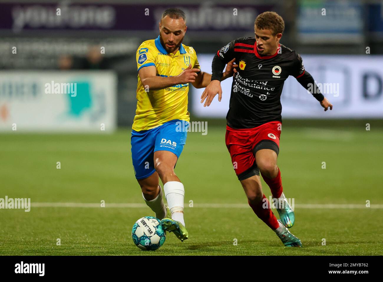 ROTTERDAM, NETHERLANDS - FEBRUARY 4: Illiass Bel Hassani of RKC Waalwijk, Kenzo Goudmijn of ...