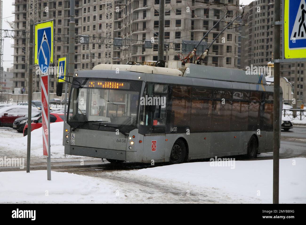 Russian Federation. Saint-Petersburg. Winter. Trolleybus delivers ...