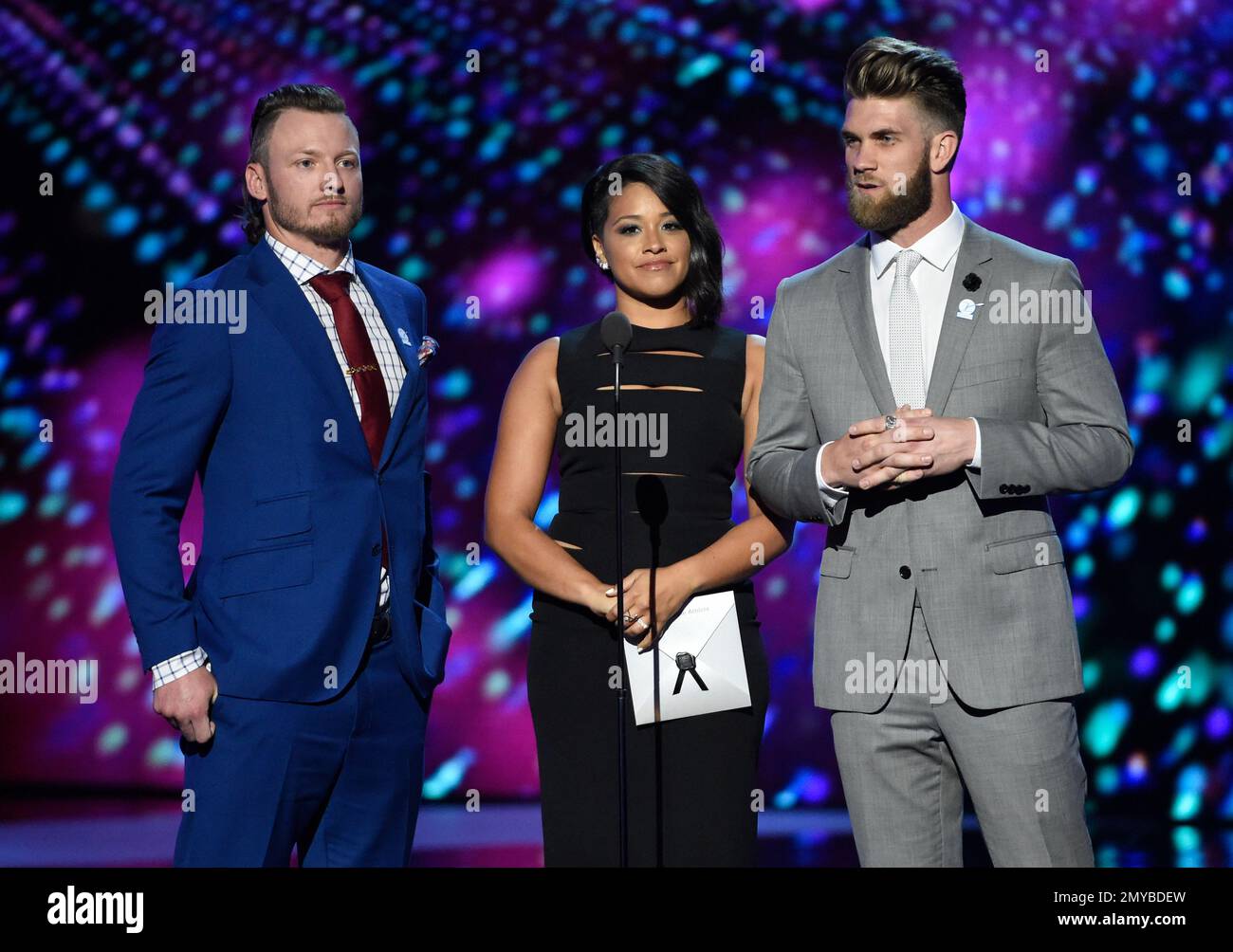 Josh Donaldson, from left, Gina Rodriguez, and Bryce Harper present the ...