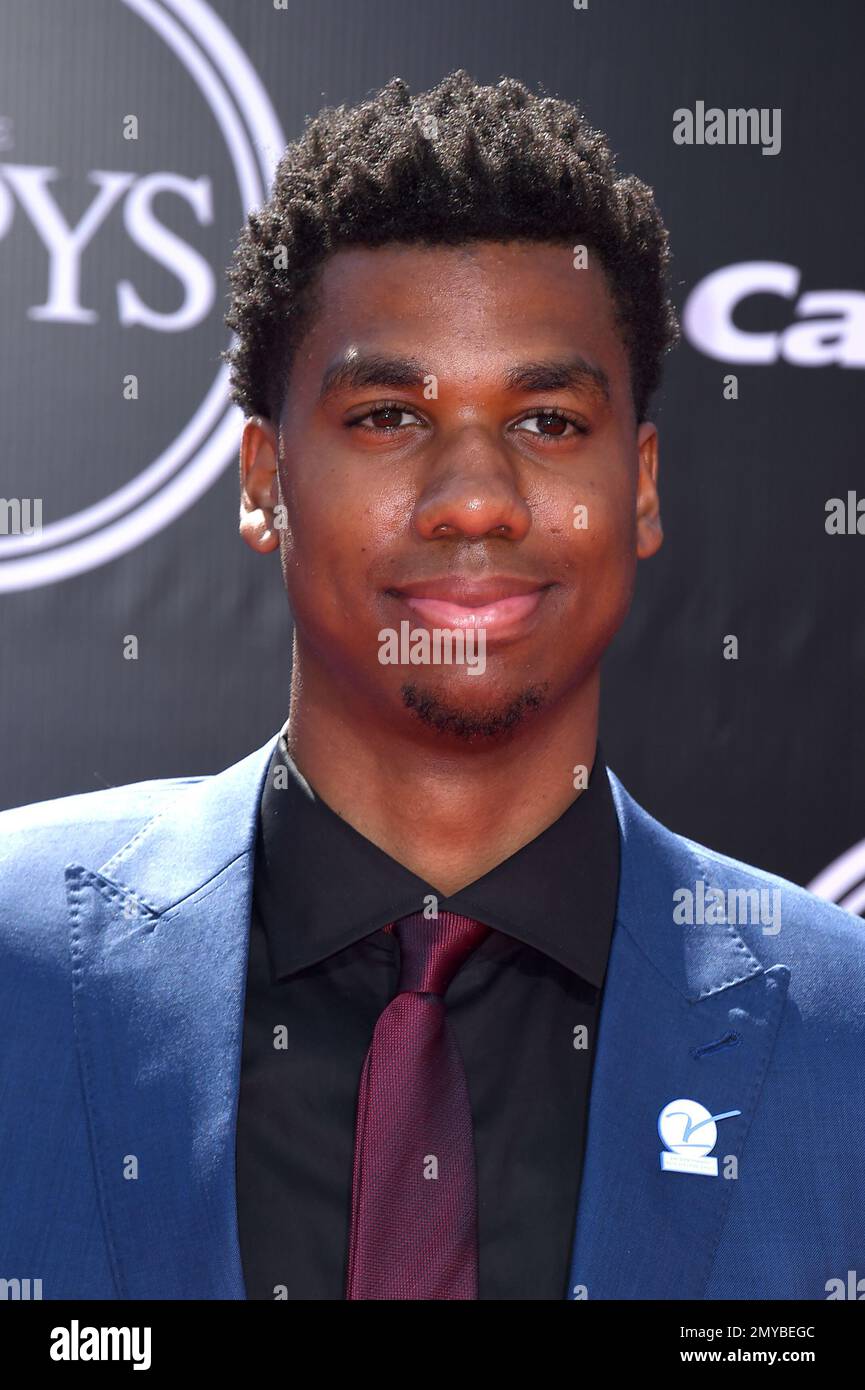 NBA player Hassan Whiteside, of the Miami Heat, arrives at the ESPY ...