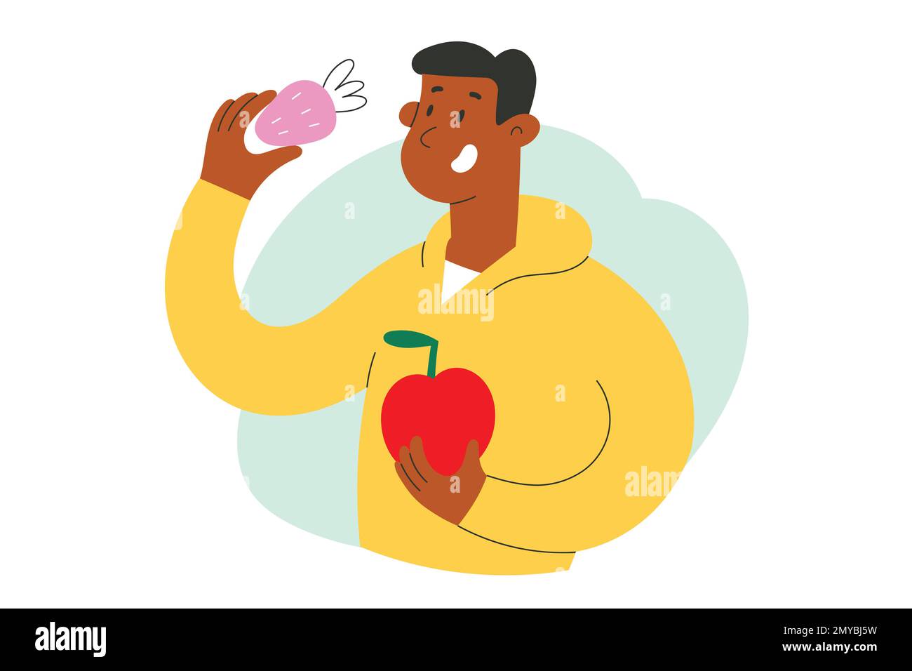 Young man buying fresh fruits, smiling male character holding an apple ...