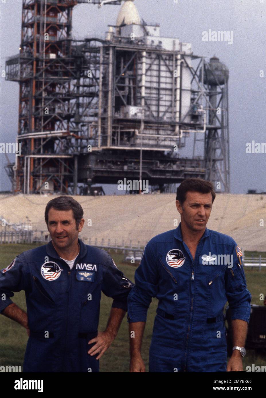 Astronauts Joseph Engle and Richard Truly, left, in front of Pad 39-A ...