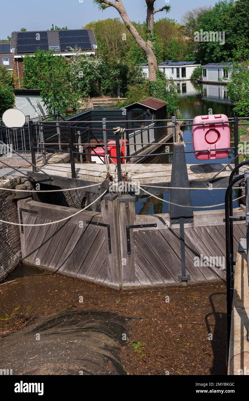 Closed canal lock with part of the city, city infrastructure ...
