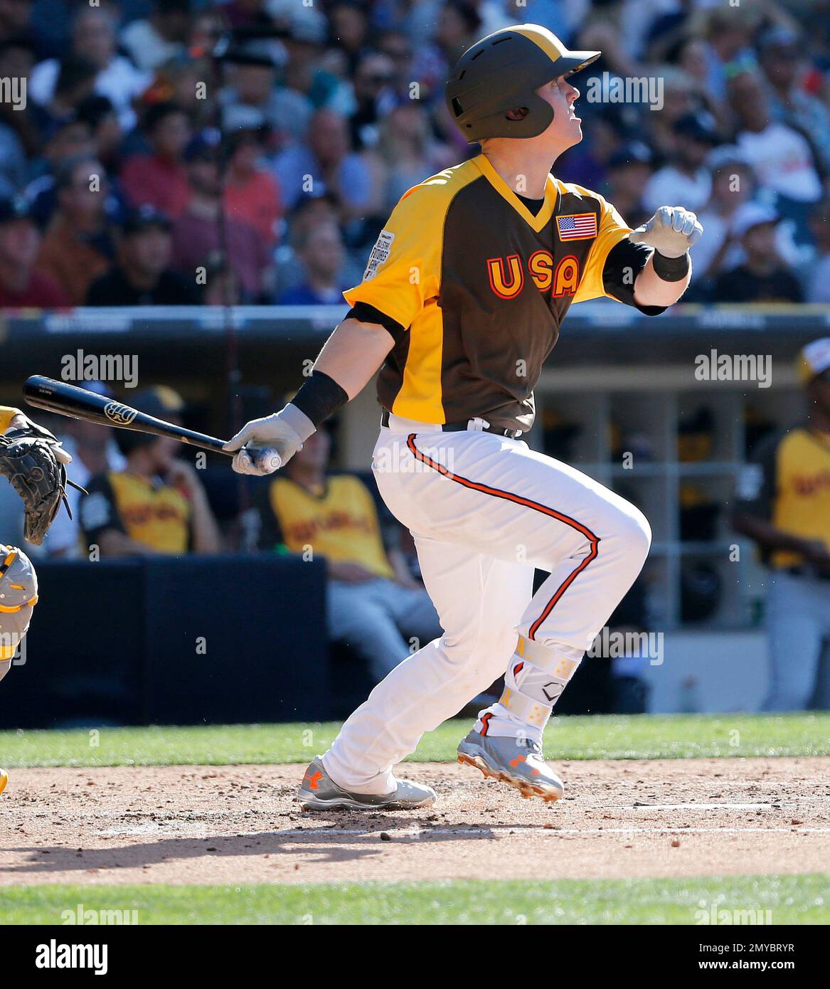 U.S. Team's Chance Sisco, of the Baltimore Orioles, watches his solo ...