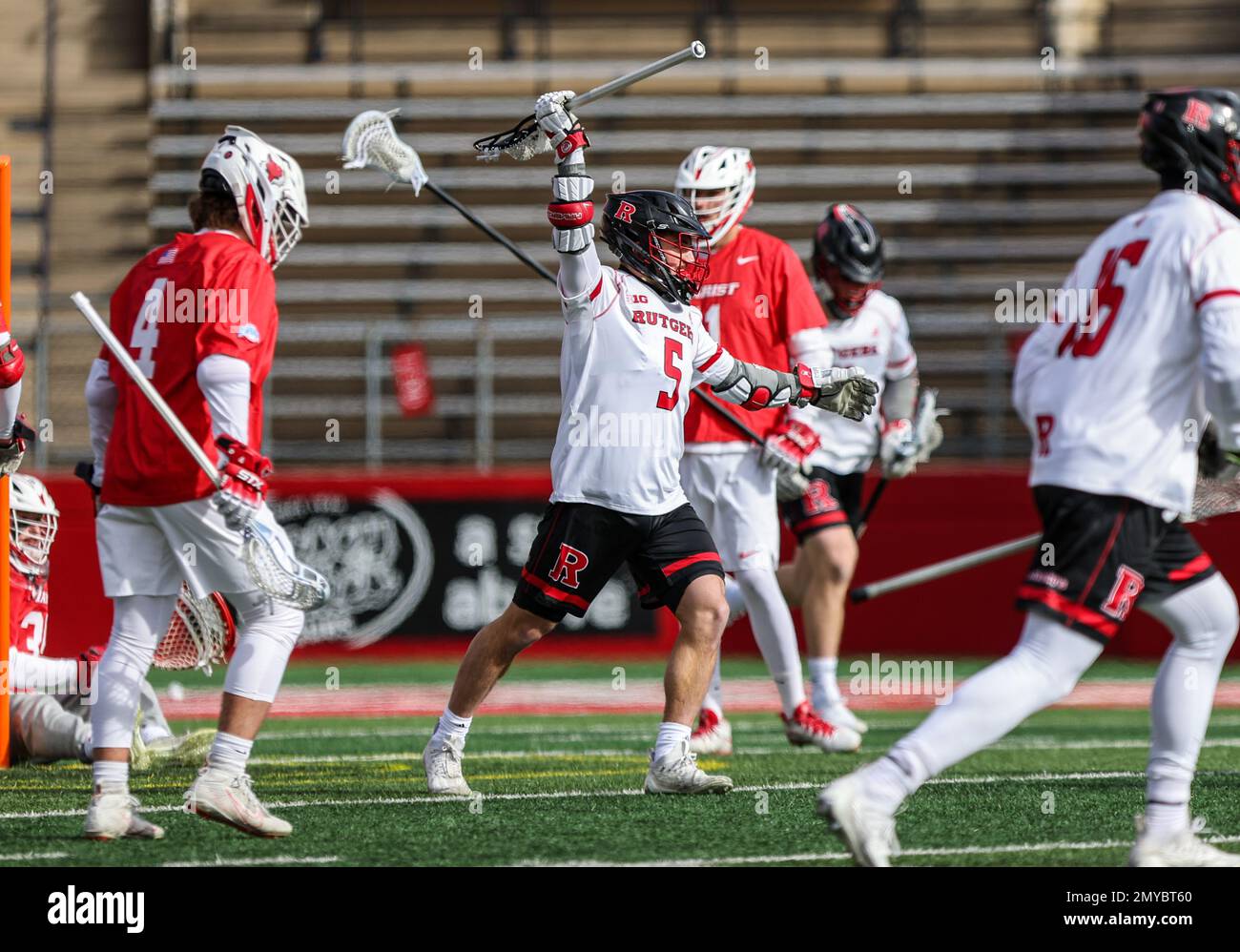 February 04, 2023: Rutgers attack Ross Scott (5) celebrates a goal ...