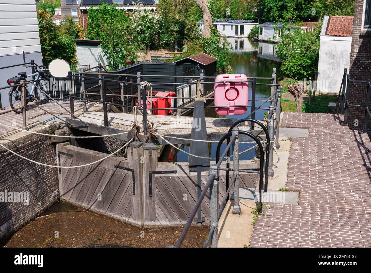 Closed canal lock with part of the city, city infrastructure ...