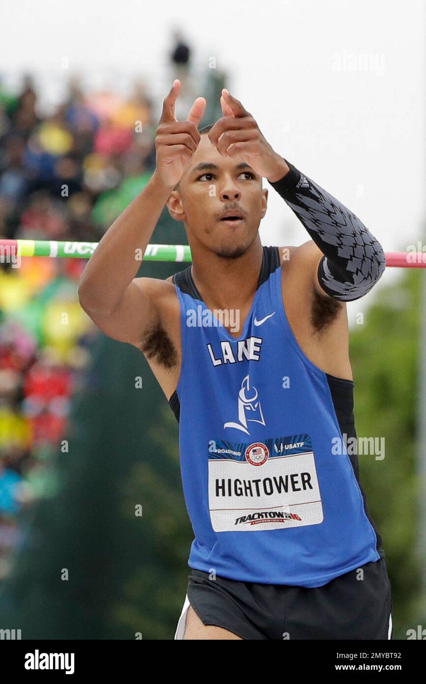 Dakarai Hightower reacts during the men's high jump final at the U.S ...