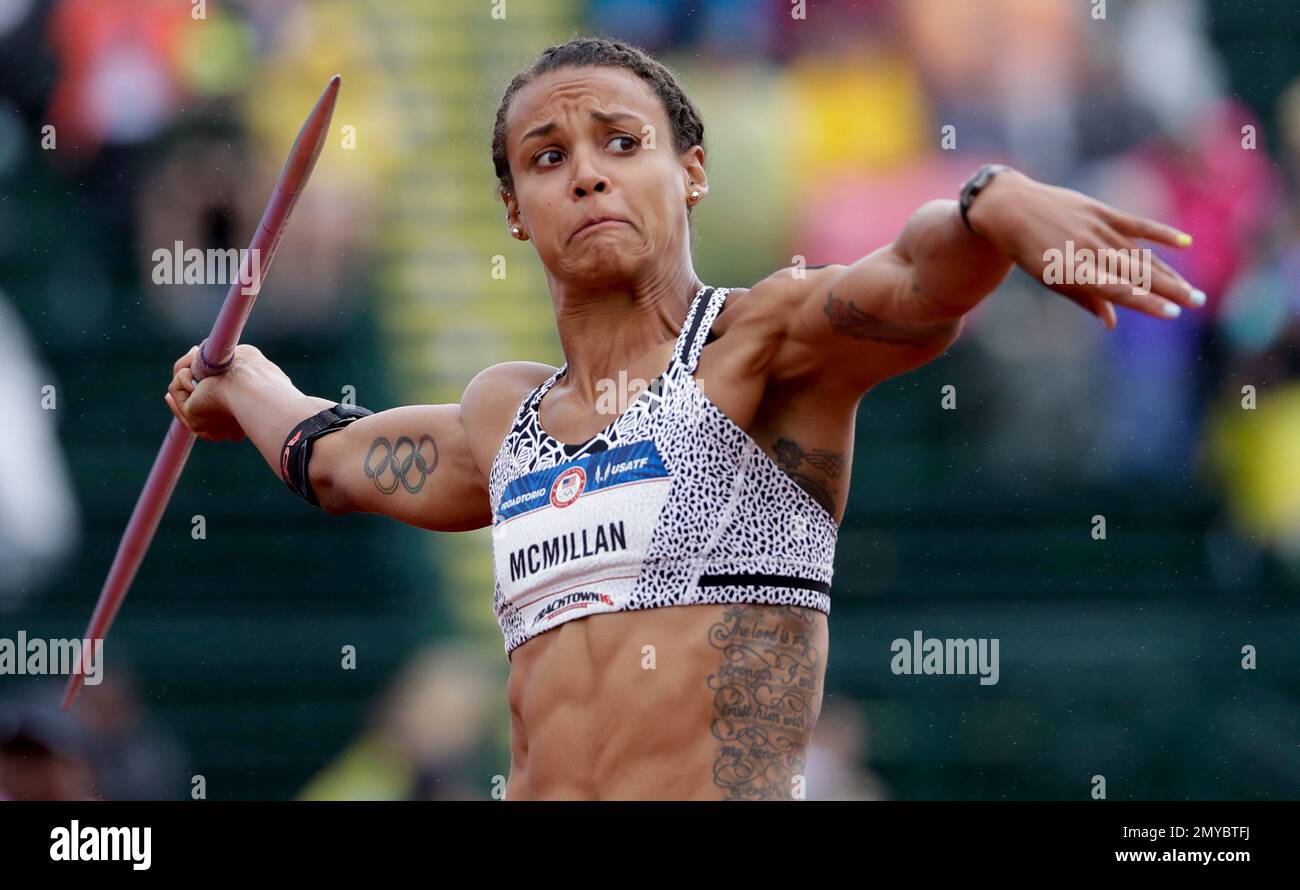Chantae McMillan competes during the heptathlon javelin throw at the U ...