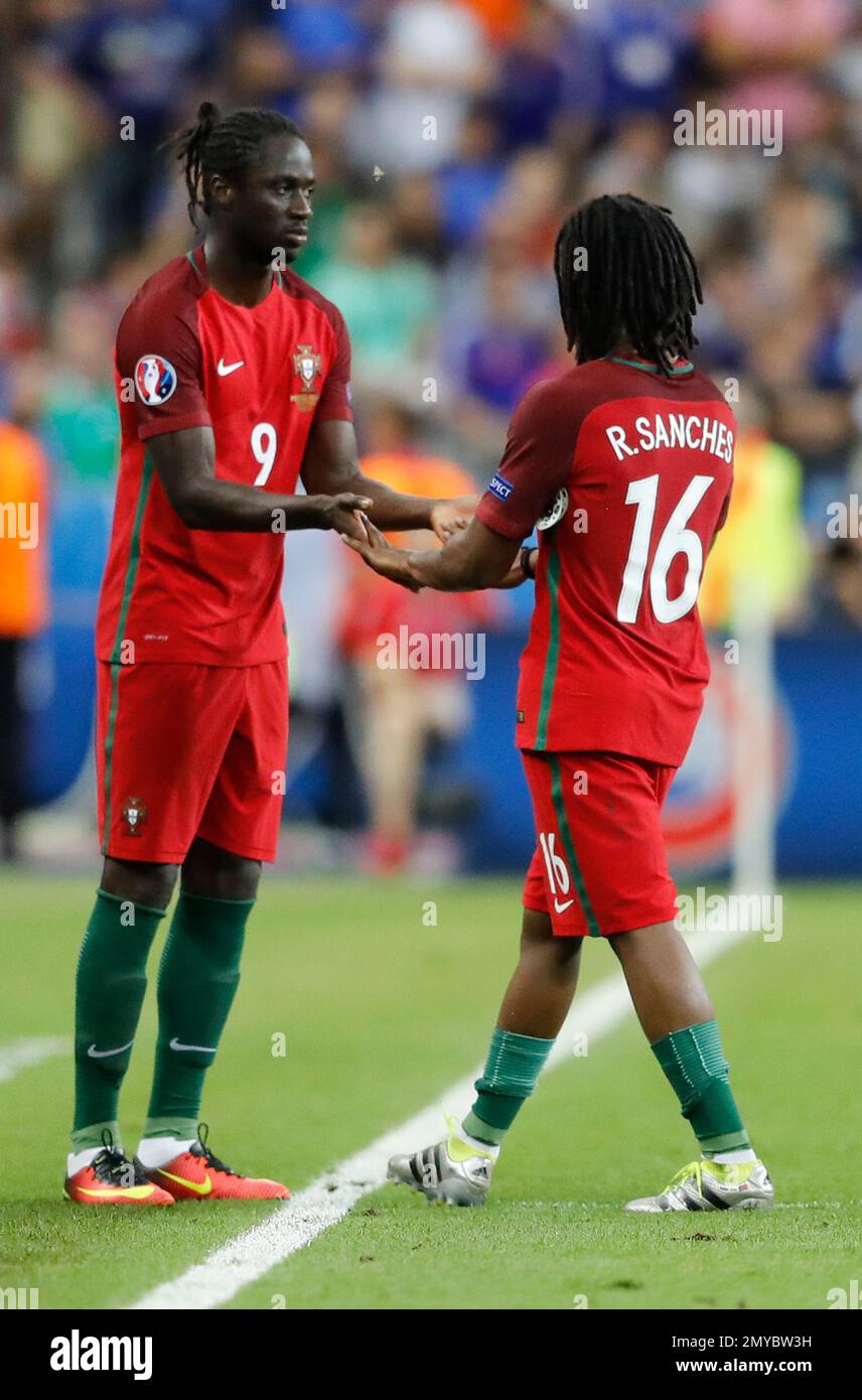 Portugal's Eder, left, replaces Renato Sanches during the Euro 2016 ...