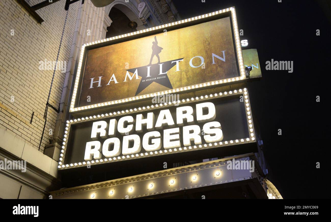 The "Hamilton" marquee at the Richard Rogers Theatre on Saturday, July ...