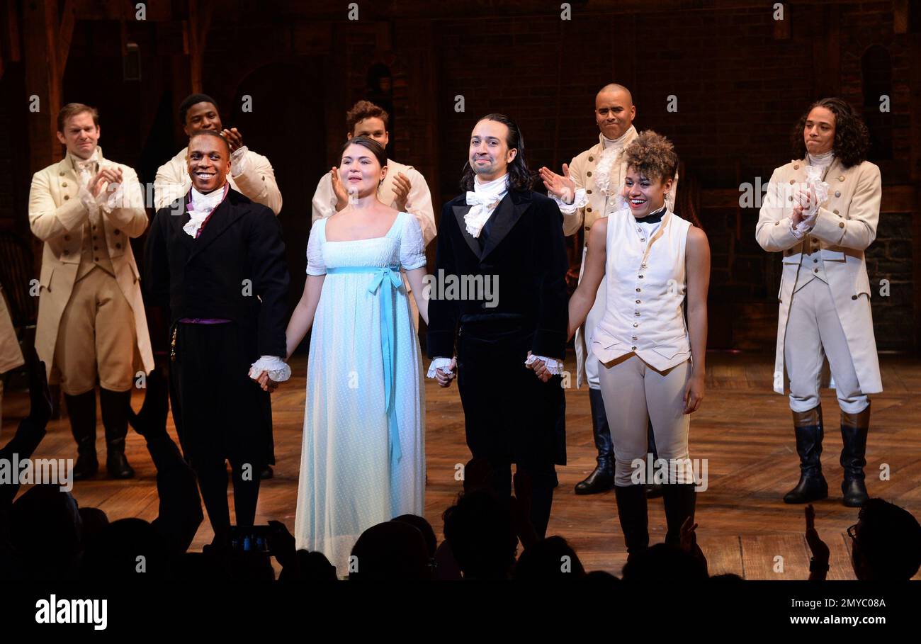 Actors Leslie Odom Jr, left, Phillipa Soo, Lin-Manuel Miranda and ...
