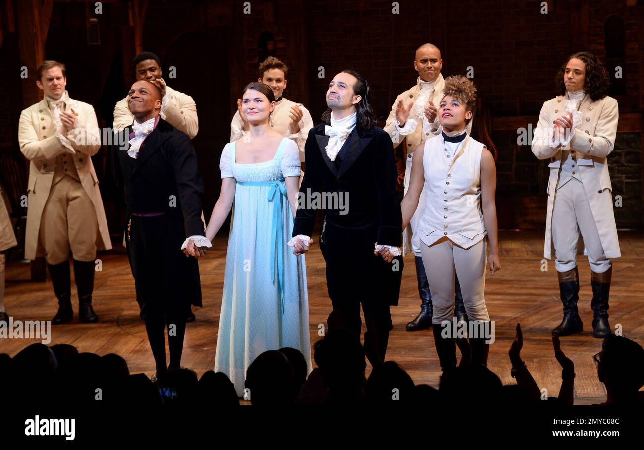 Actors Leslie Odom Jr, left, Phillipa Soo, Lin-Manuel Miranda and ...
