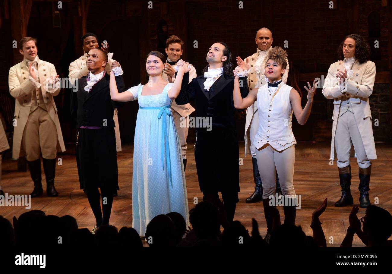 Actors Leslie Odom Jr, left, Phillipa Soo, Lin-Manuel Miranda and ...