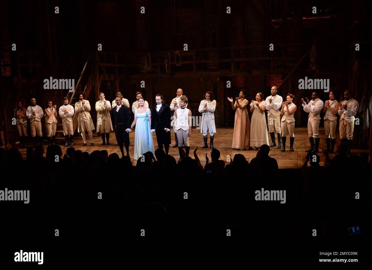 Actors Leslie Odom Jr, left, Phillipa Soo, Lin-Manuel Miranda and ...