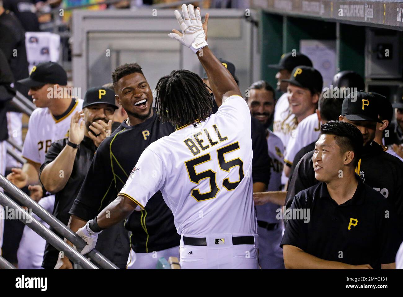 Pittsburgh Pirates' Josh Bell (55) celebrates with teammates in the ...
