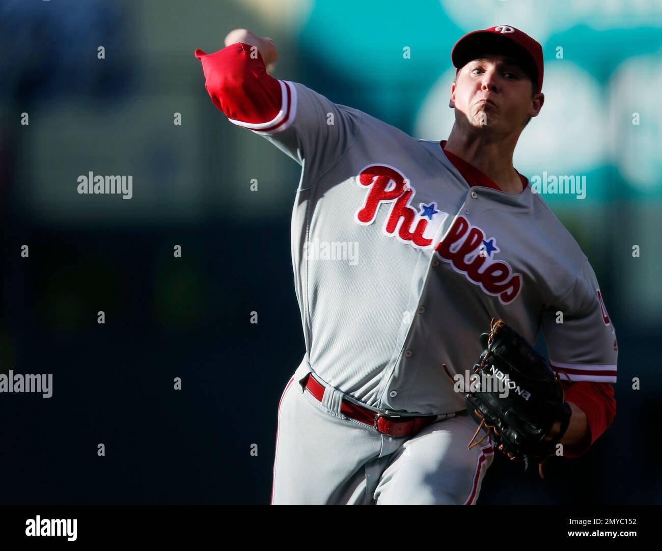 Philadelphia Phillies starting pitcher Jerad Eickhoff delivers Colorado Rockies' DJ LeMahieu in ...