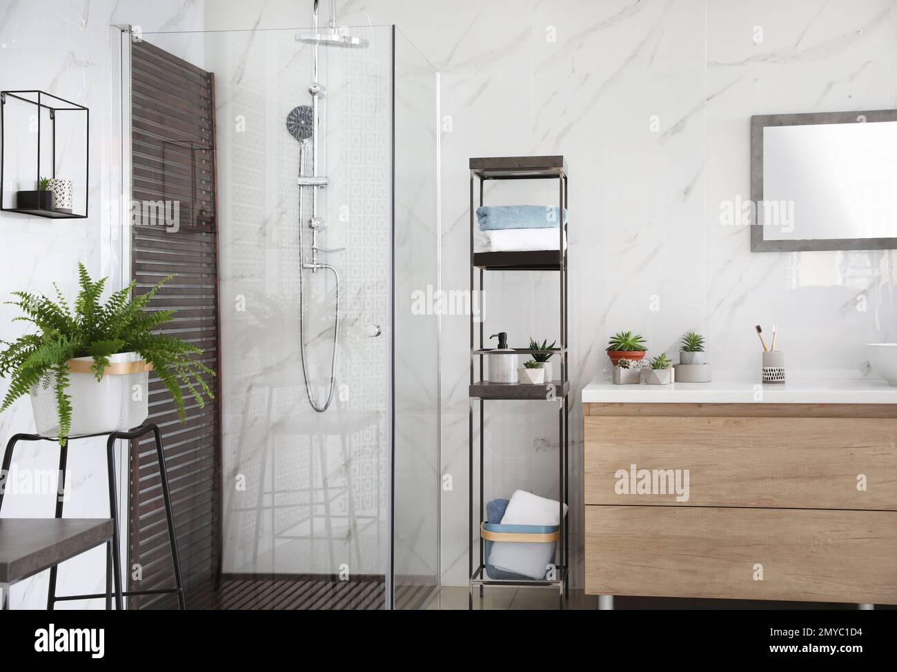 Bathroom interior with shower stall and counter. Idea for design Stock ...