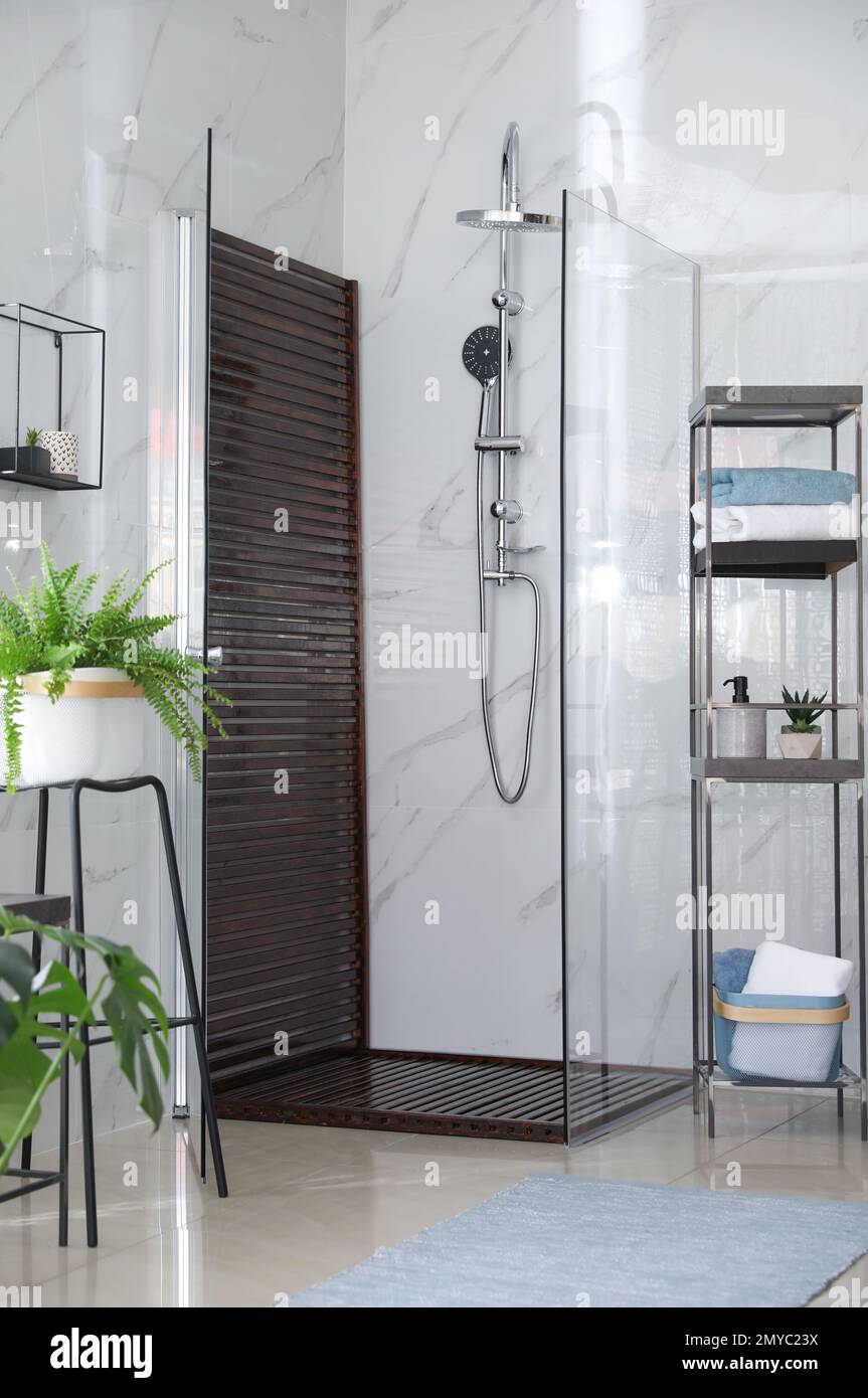 Bathroom interior with shower stall and shelving unit. Idea for design ...