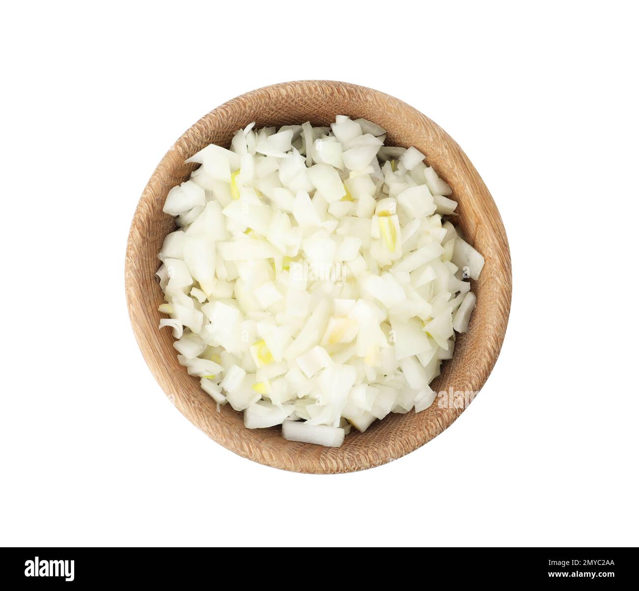 Chopped onion in wooden bowl isolated on white, top view Stock Photo ...