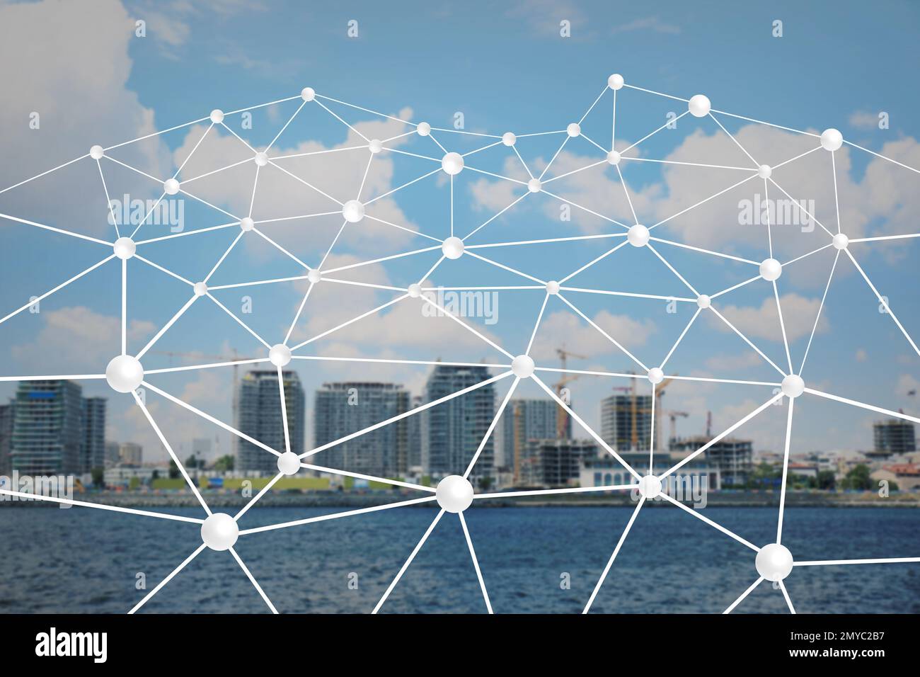 Machine learning concept. Digital web over blurred cityscape Stock ...